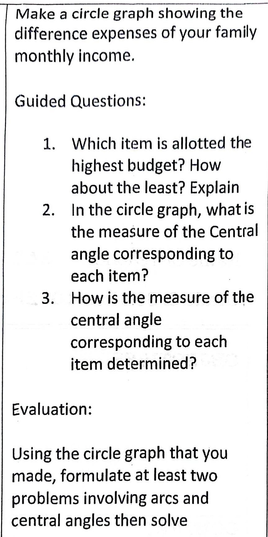 Make a circle graph showing the difference expenses of your family ...