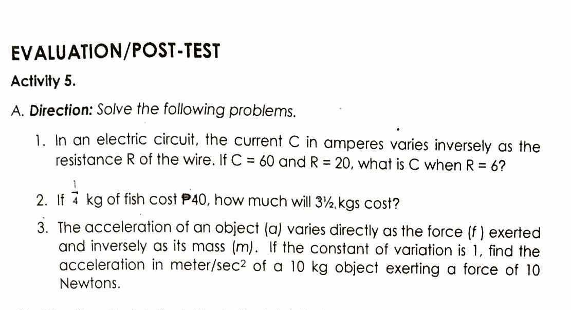 EVALUATION/POST-TEST Activity 5. A. Direction: Solve the following ...