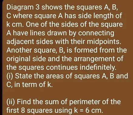 Diagram 3 shows the squares A, B, C where square A has side length of k ...