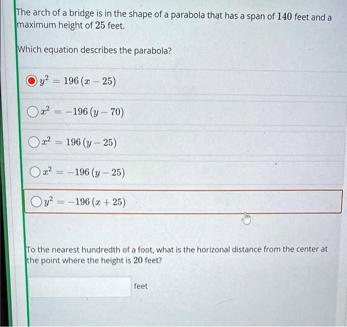 SOLVED: The arch of a bridge is in the shape of a parabola that has a ...