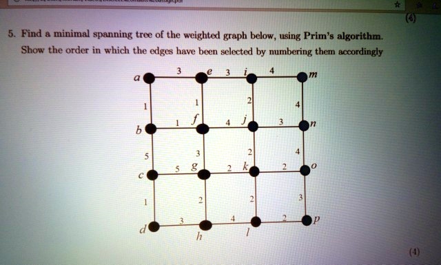SOLVED:5. Find minimal spanning trcc of the weighted graph below, using ...