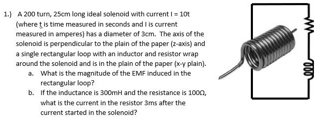 SOLVED: A 200 turn; 25cm long ideal solenoid with current 10t (where is ...