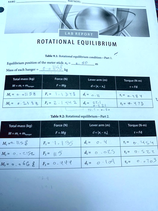 SOLVED: Lab REPORT RotationAL EQUILIBRIUM Table 9I: Rotatlonal equilibrium conditon Fart ...