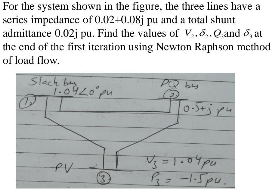 SOLVED: Find all four values of V2, Delta2, V3 Delta3 at the end of first iteration using Newton ...