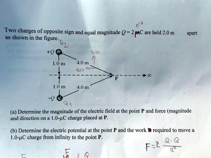 two charges of opposite sign and equal magnitude q 2 mc are held 20 m as shown in the figure ...