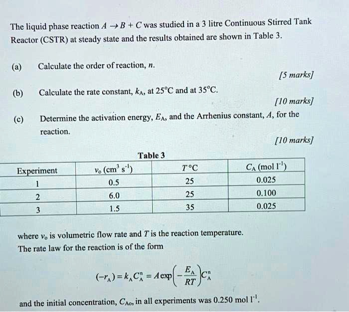 The liquid phase reaction A?B + C was studied in a 3 litre Continuous Stirred Tank Reactor (CSTR ...