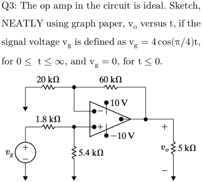 SOLVED: Q3: The op amp in the circuit is ideal. Sketch NEATLY using graph paper, v versus t, if ...