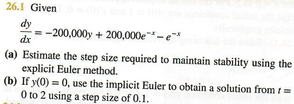 26.1 Given (dy)/(dx) = -200,000y + 200,000e^-x - e^-x (a) Estimate the ...