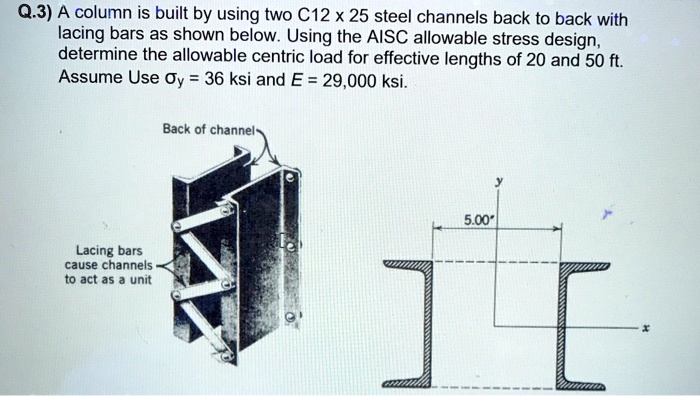 Q.3) A column is built by using two C12 x 25 steel channels back to back with lacing bars as ...