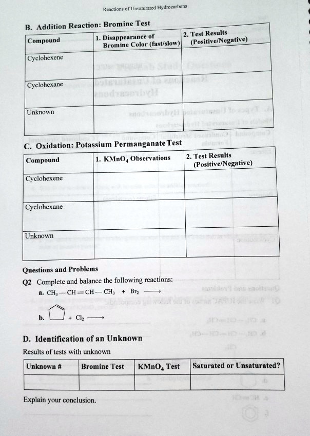 reilione unsaturated hydrocirbon addition reaction bromine test test ...