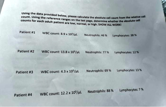 SOLVED: Patient #1 WBC count: 8.9x10^3/uL Neutrophils: 46% Lymphocytes ...