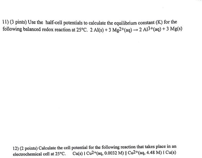 Solved 122 Points Calculate The Cell Potential For The Following