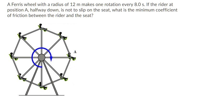 SOLVED: A Ferris wheel with a radius of 12 m makes one rotation every 8 ...