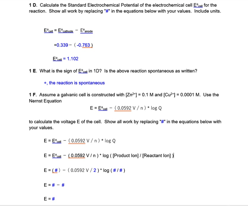 SOLVED: Calculate the Standard Electrochemical Potential of the ...