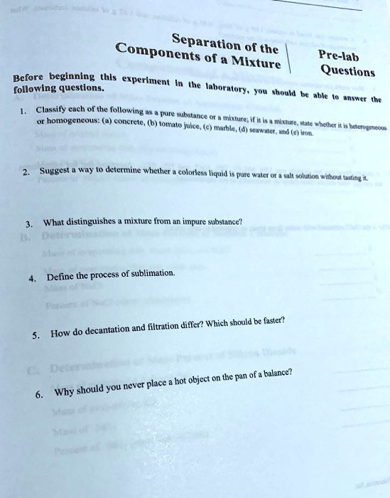 separation components of the of a pre lab mixture questions before beginning this experiment ...