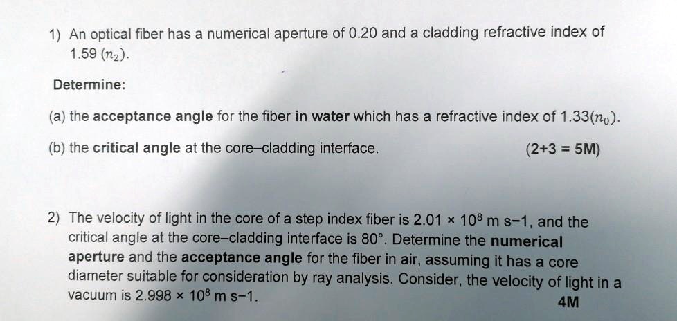 SOLVED: An optical fiber has a numerical aperture of 0.20 and a cladding refractive index of 1. ...