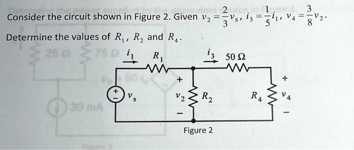 Consider the circuit shown in Figure 2. Given v2 = (2)/(3)vs, i3 = (1)/(5)i1, v4 = (3)/(8)v2 ...