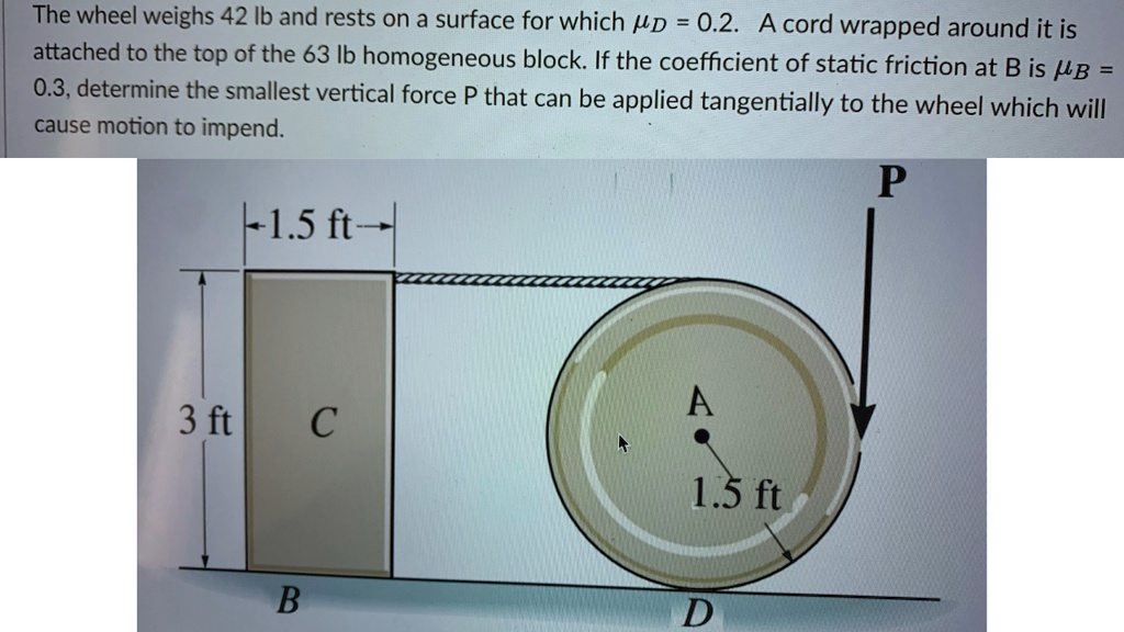 The wheel weighs 42 lb and rests on a surface for which = 0.2. A cord ...