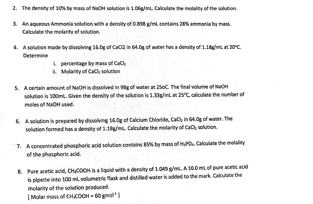 2. The density of 10% by mass of NaOH solution is 1.06g/mL. Calculate the molality of the ...