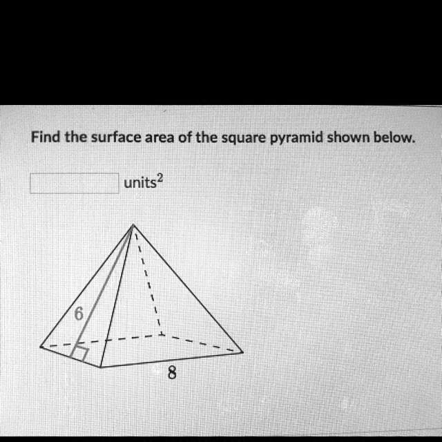 SOLVED: Find the surface area of the square pyramid shown below. units ...