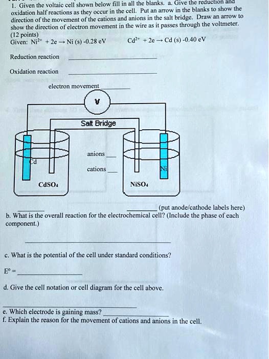 1. Given the voltaic cell shown below fill in all the blanks. a. Give ...