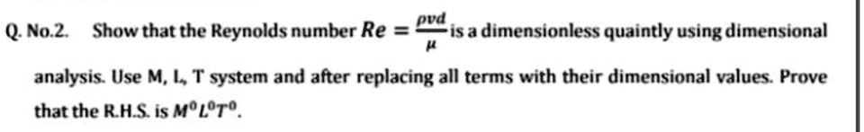 SOLVED: Show that the Reynolds Number Re = pvd/meou is a Dimensionless ...