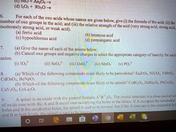 SOLVED:(O) NIO - AszOs + (d) IzOs + RbzO For each of the oxo acids ...
