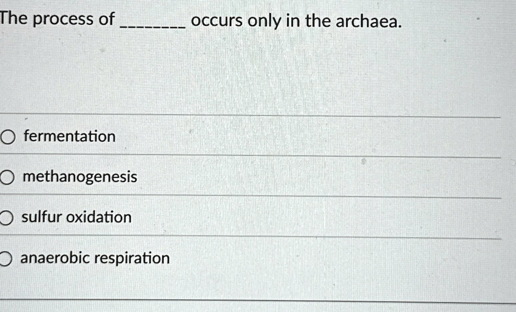 the process of occurs only in the archaea fermentation methanogenesis sulfur oxidation anaerobic ...