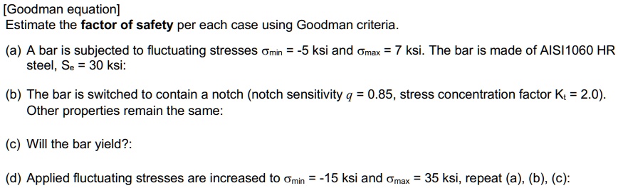 SOLVED: Goodman equation: Estimate the factor of safety for each case ...