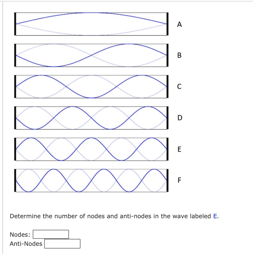 SOLVED: Determine the number of nodes and antinodes in the wave labeled ...