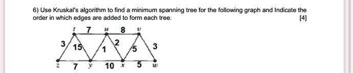 SOLVED: Use Kruskal"s algorithm to find minimum spanning tree for the following graph and ...