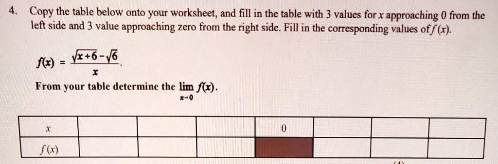 SOLVED: Copy the table below onto your worksheet, and fill in the table with 3 values for x ...
