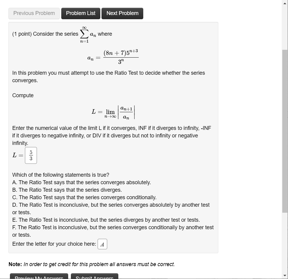 previous problem problem list next problem point consider the series n where 8n 753 3 an in this ...