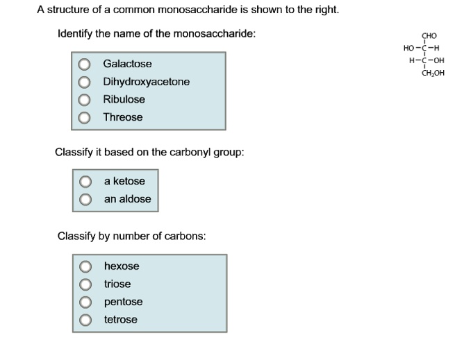 A structure of a common monosaccharide is shown to the right. Identify ...
