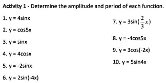 Activity 1 - Determine the amplitude and period of each function. 1. y = 4sinx 2. y = cos5x 3. y ...