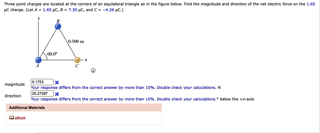 Three point charges are located at the corners of an equilateral ...
