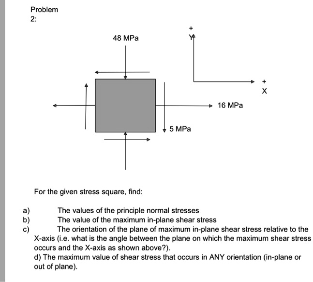 SOLVED: Problem 2: 48 MPa + X 16 MPa 5 MPa For the given stress square ...