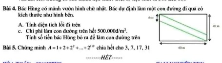 Bài 4. Bác Hùng có m?nh v??n hình ch? nh?t. Bác d? ??nh làm m?t con ???ng ?i qua có kích th??c ...