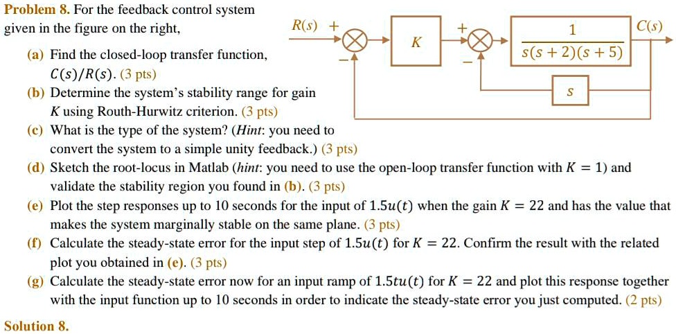 SOLVED: Problem 8. For the feedback control system given in the figure on the right, find the ...