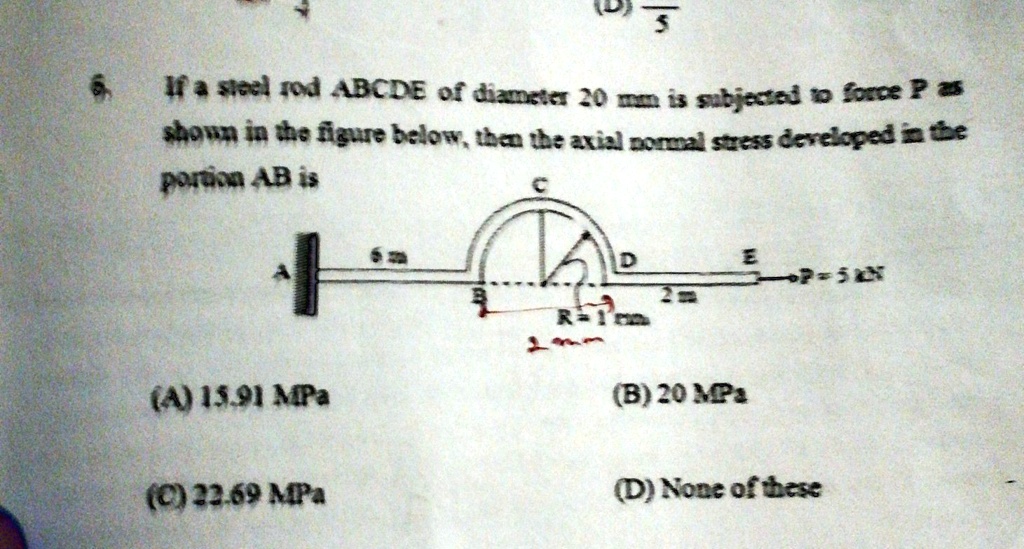 If a steel rod ABCDE of diameter 20 mm is subjected to force P as shown ...