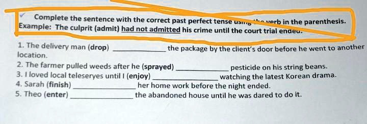 SOLVED: Complete the sentence with the correct past perfect tense using ...