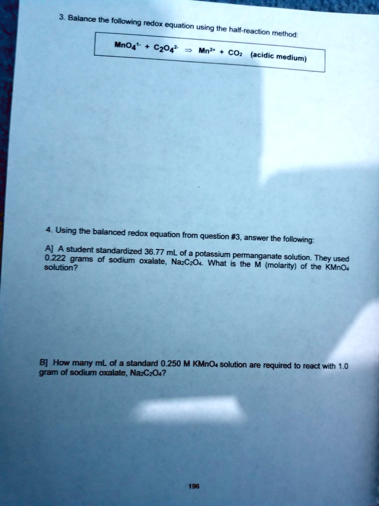 balance the following redox equation using the half reaction method ...