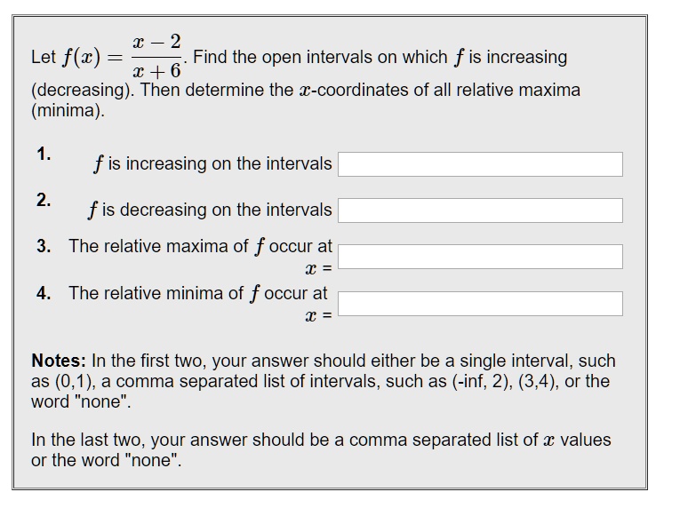 SOLVED: Let f(w) = Find the open intervals on which f is increasing +6" (decreasing): Then ...