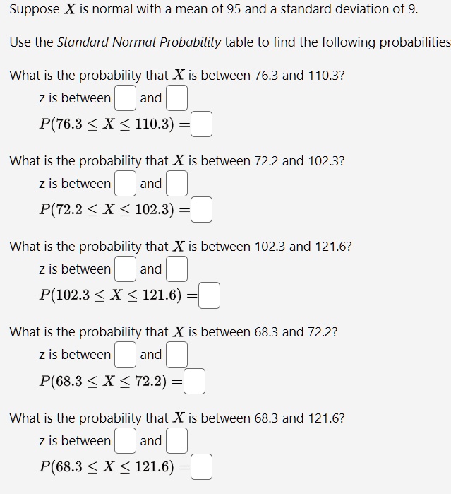 SOLVED: Problem 7 Suppose x is normal with a mean of 95 and a standard deviation of 9. Use the ...