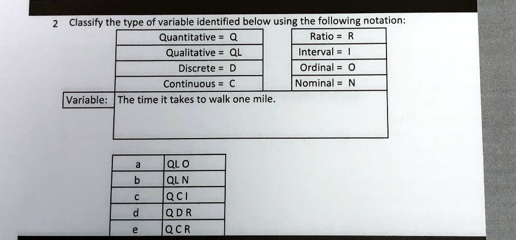 2 Classify the type of variable identified below using the following notation: Quantitative = Q ...