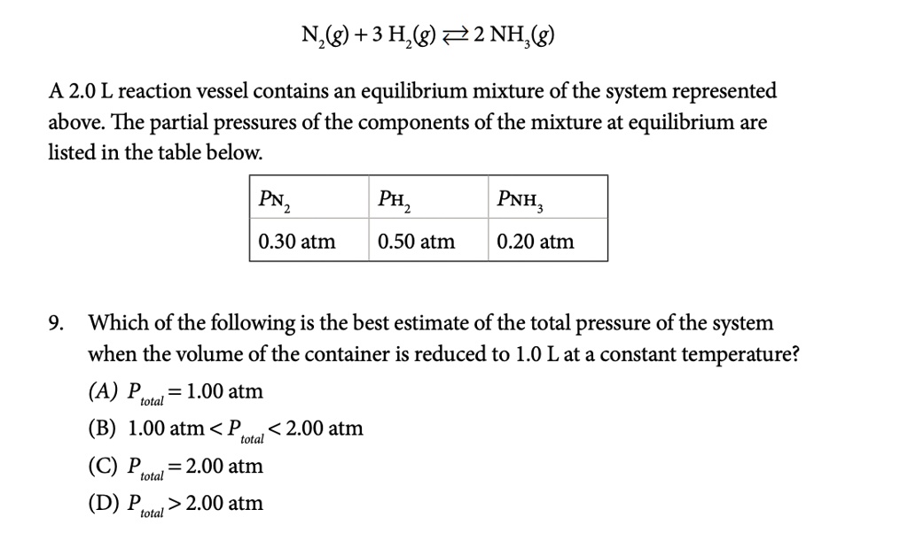 [GET ANSWER] N?(g) + 3 H?(g) ? 2 NH?(g) A 2.0 L reaction vessel contains an equilibrium mixture ...