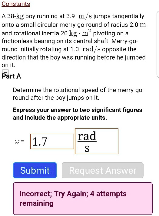 SOLVED: Constants 38-kg boy running at 3.9 m S jumps tangentially onto a small circular merry-go ...