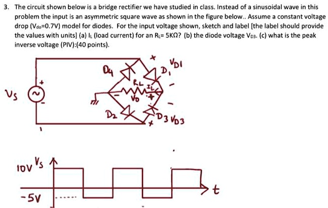 The circuit shown below is a bridge rectifier we have studied in class ...