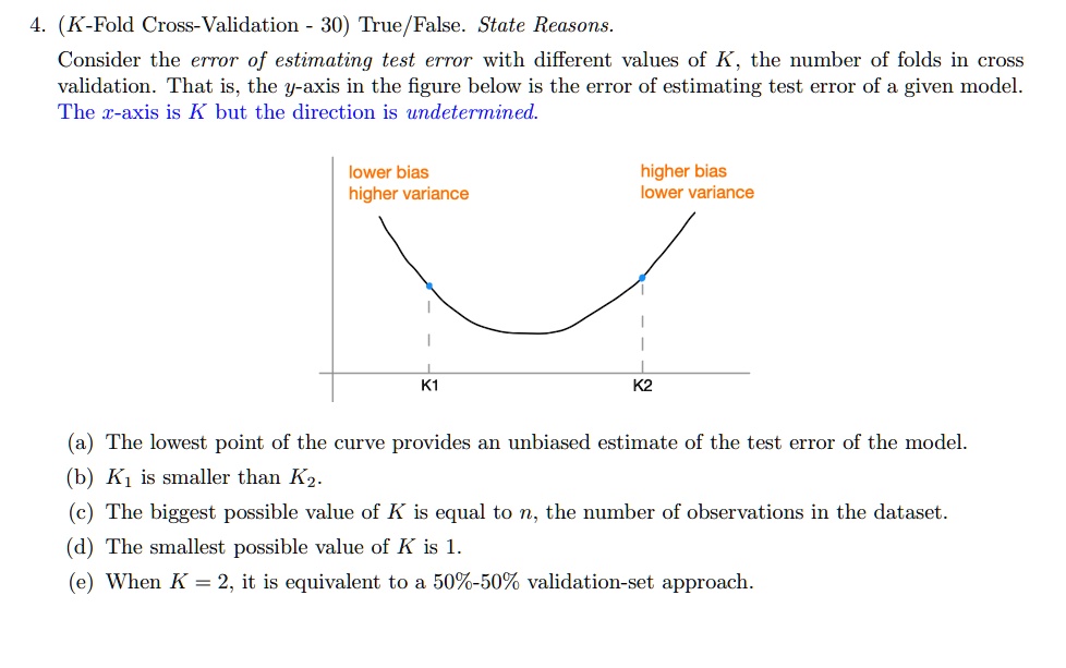 SOLVED: 4.(K-Fold Cross-Validation - 30) True/False. State Reasons Consider the error of ...
