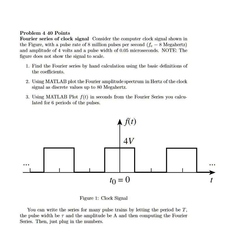 SOLVED: Problem 4 40 Points Fourier series of clock signal Consider the computer clock signal ...